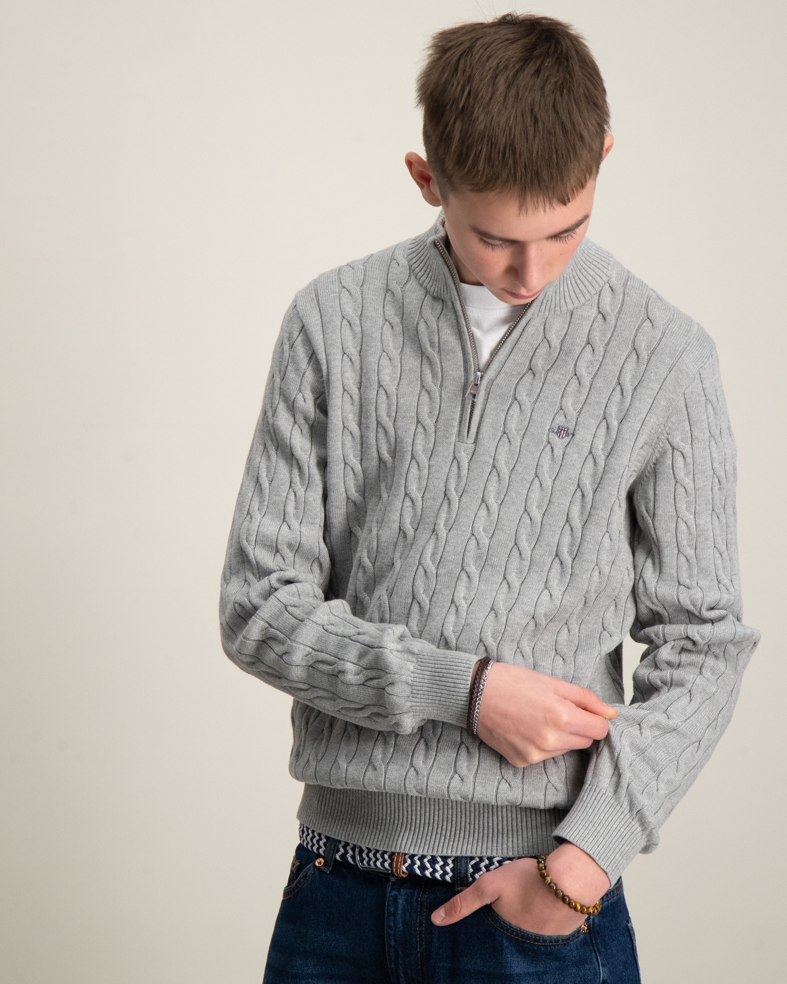 GANT COTTON CABLE HALF ZIP Grå för Kille | Kids Brand Store
